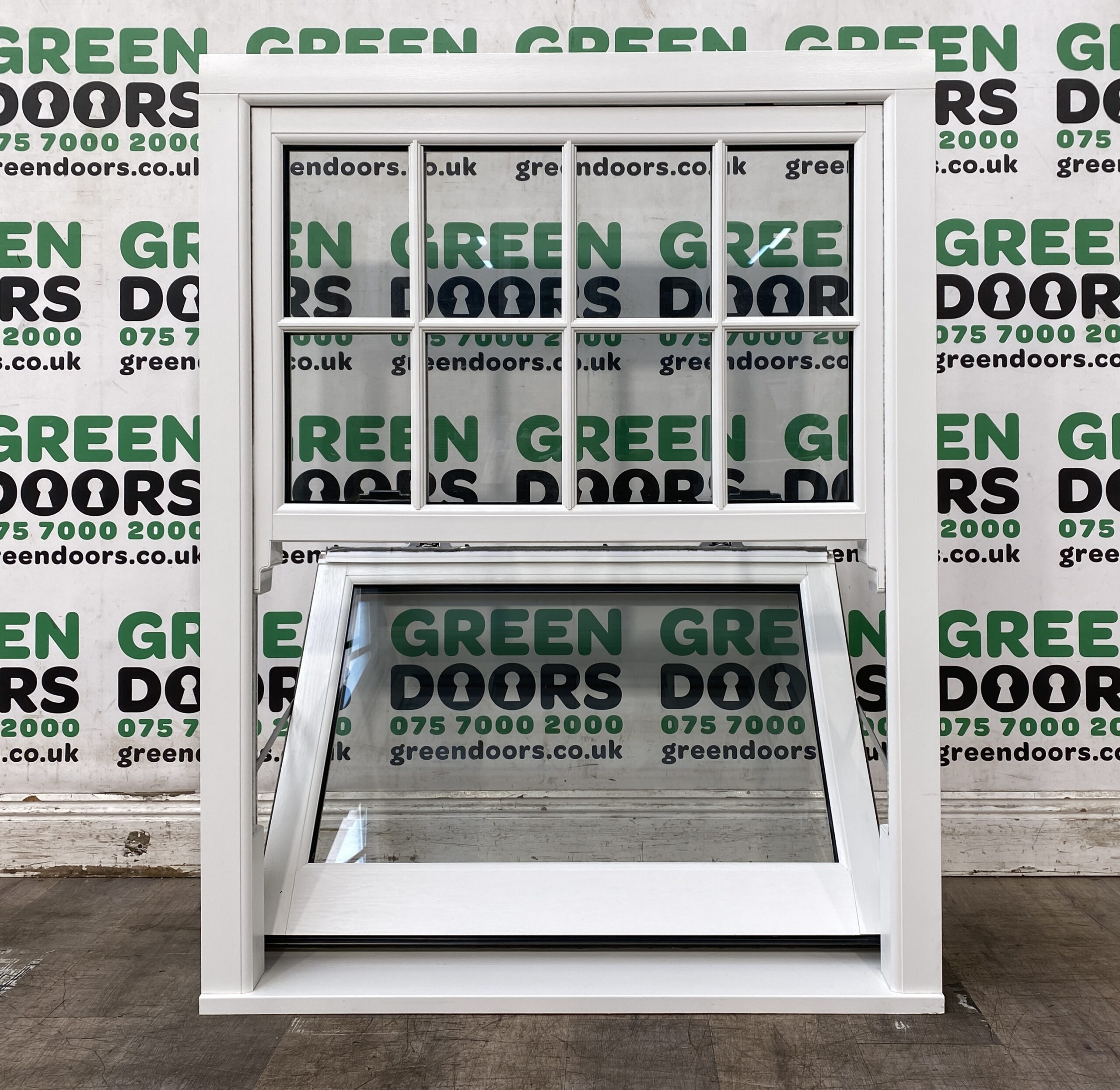 White uPVC Box sash window | Green doors