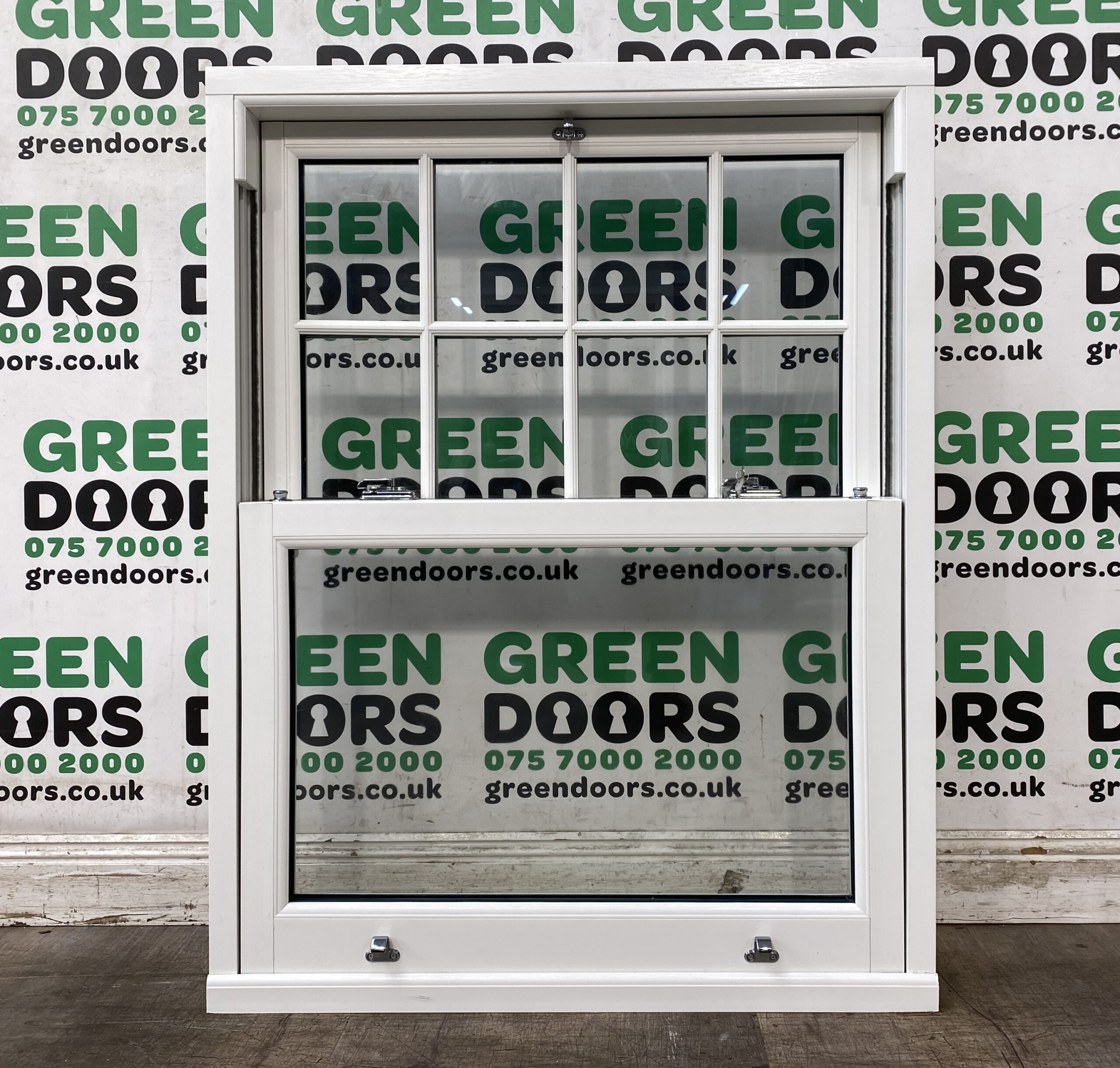 White uPVC Box sash window | Green doors