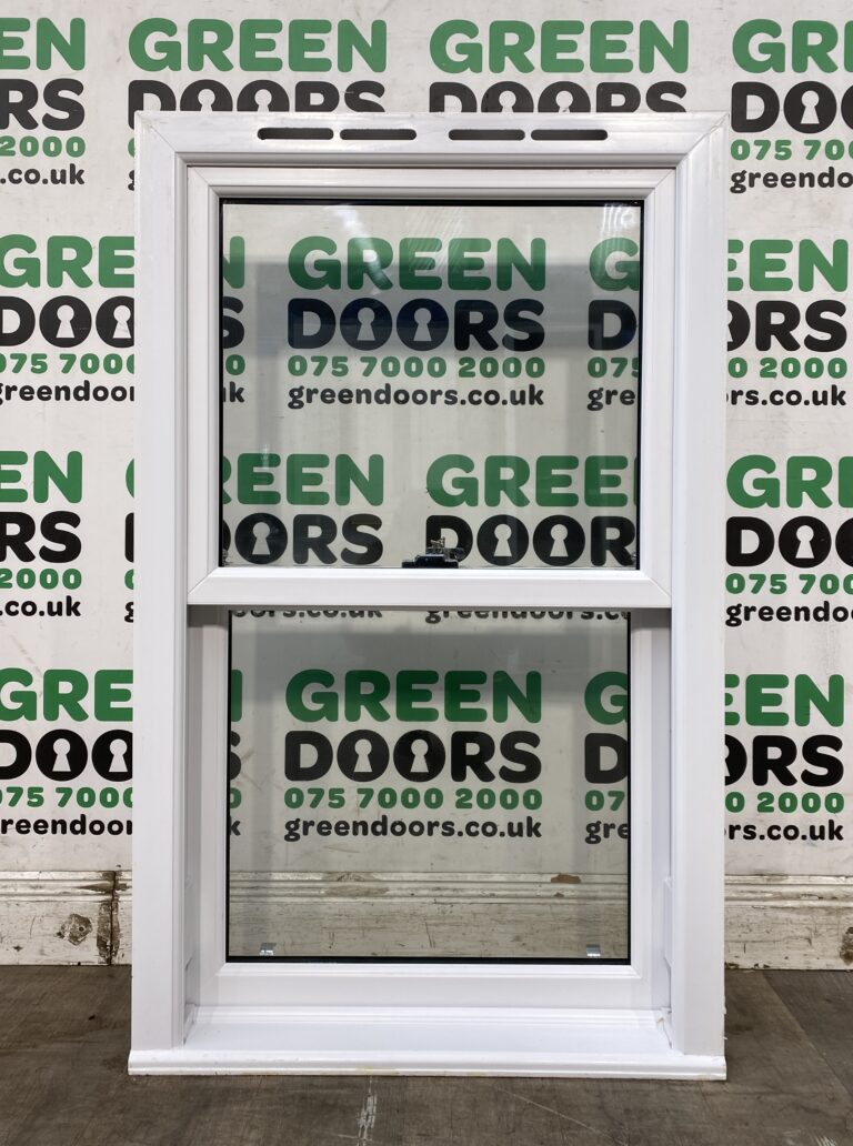White uPVC Box sash window | Green doors