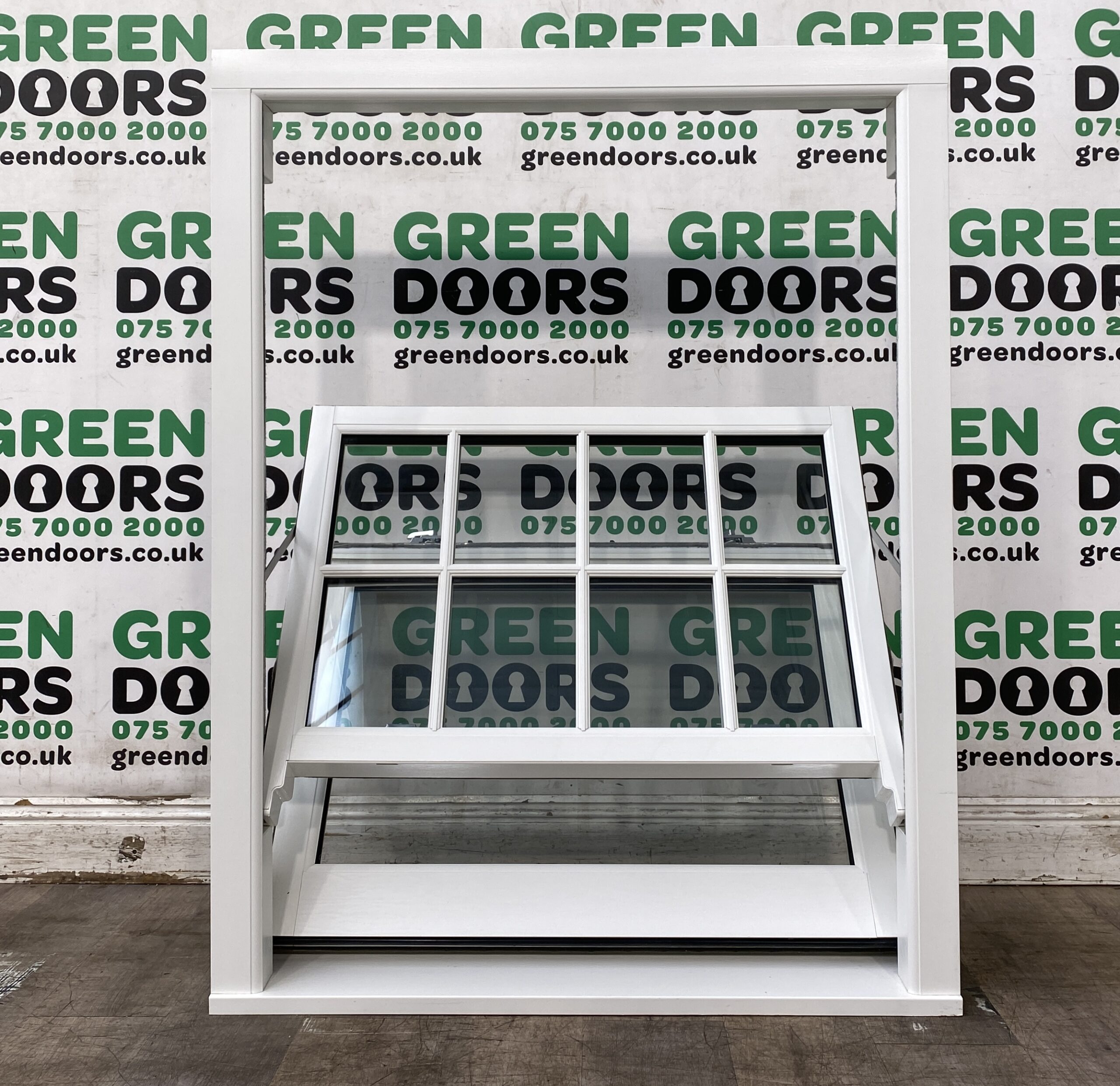White uPVC Box sash window | Green doors
